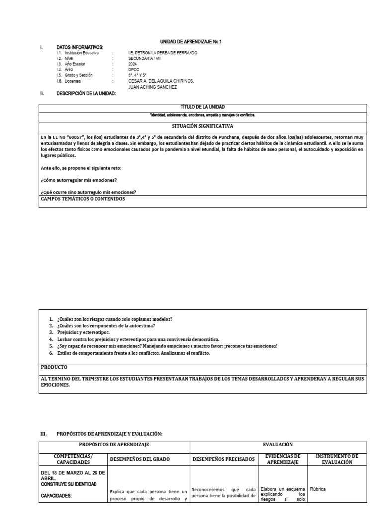 UNIDAD DE APRENDIZAJE No 1 2024 DPCC | PDF | Aprendizaje | Las emociones