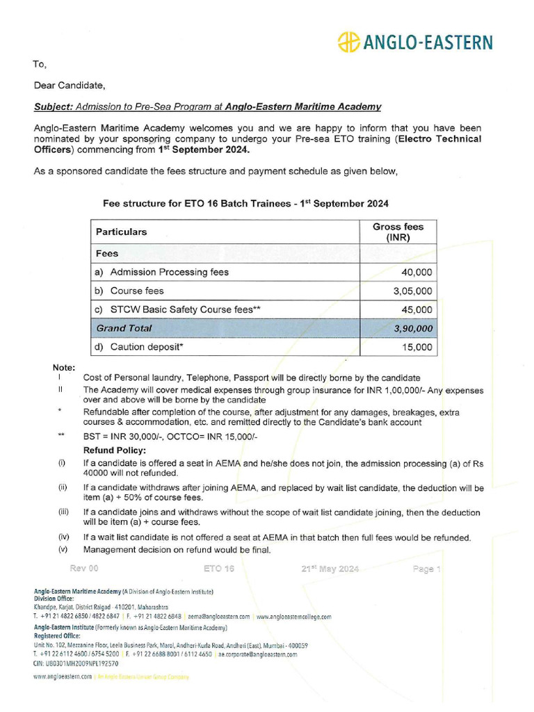 ETO 16 Fee Structure | PDF