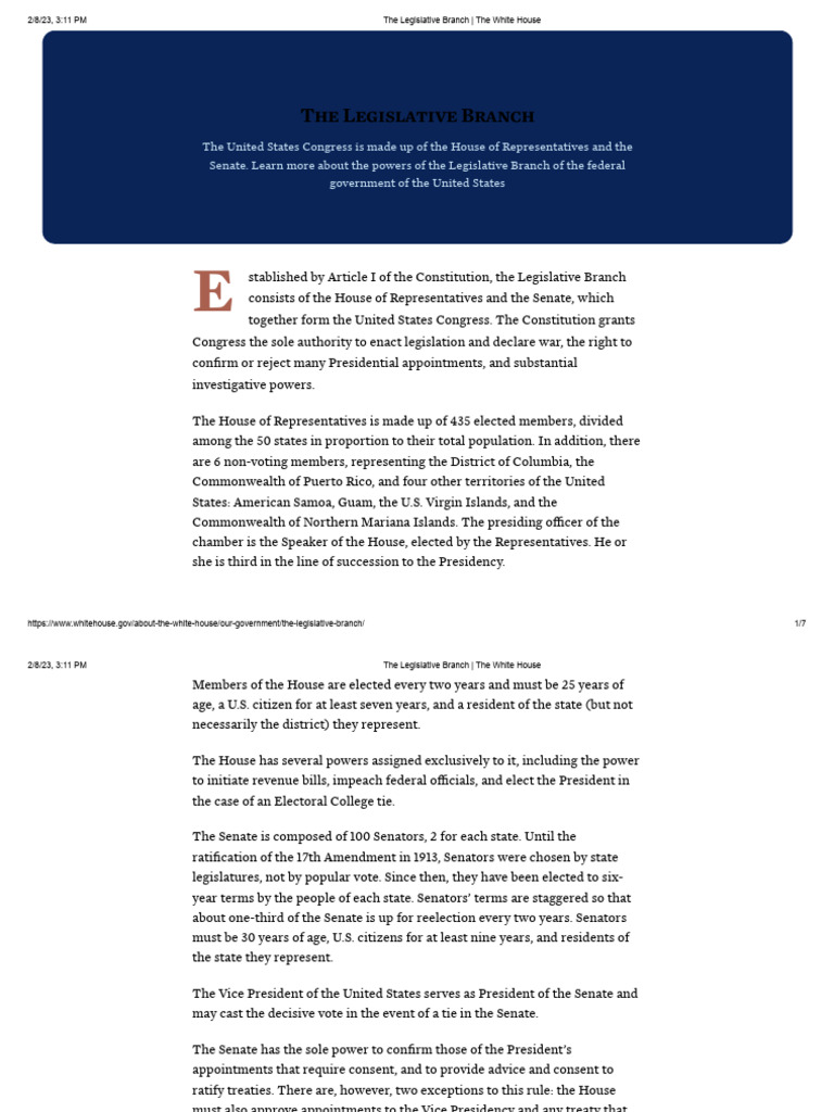 The Legislative Branch - The White House | PDF | United States Congress ...