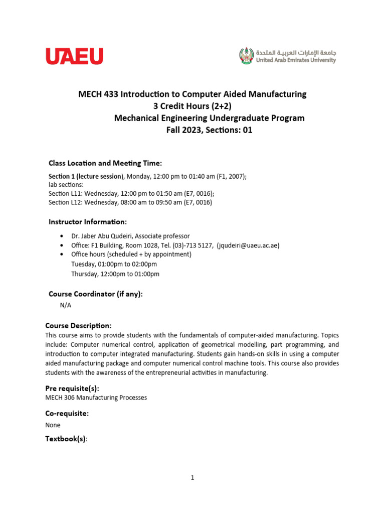 MECH 433 Introduction To CAM - Course Syllabus Fall 2023 | PDF | Plagiarism | Engineering