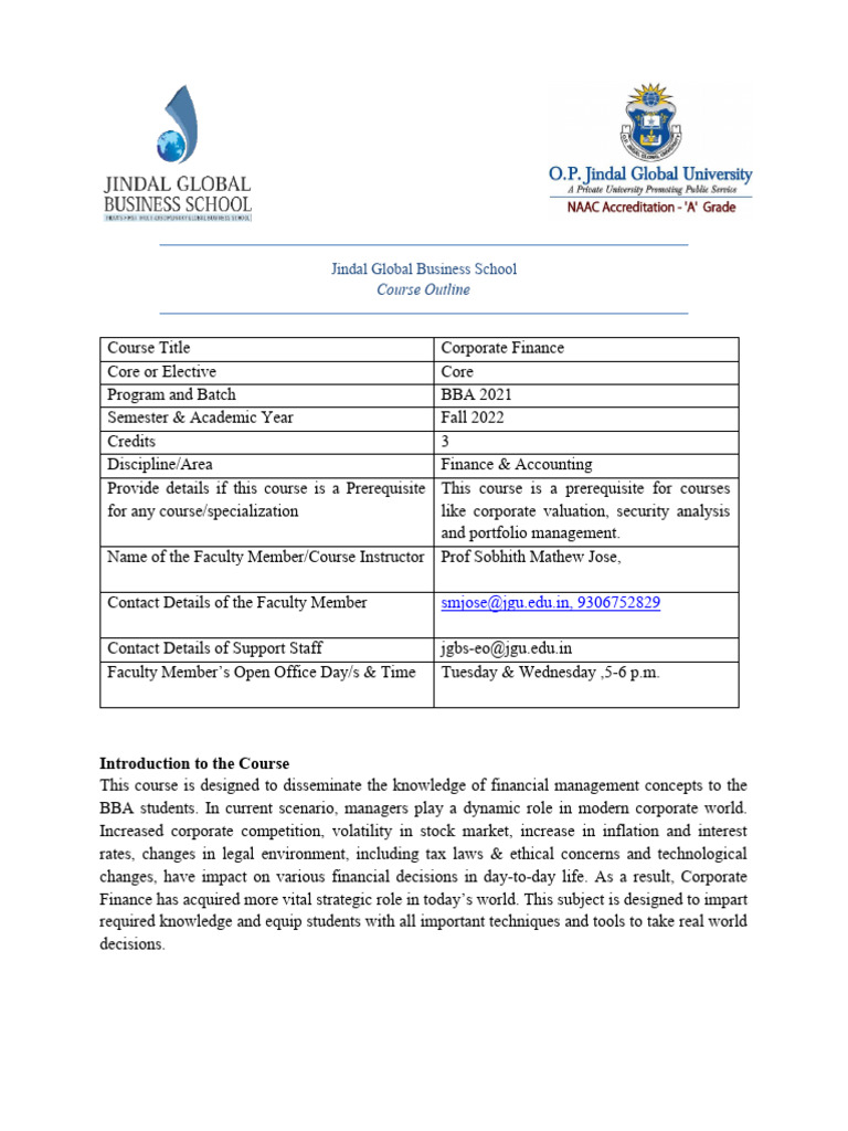 BBA - 2021 - Corporate Finance-BBA 2021 Course Outline-Prof - Sobhith | PDF | Capital Structure ...