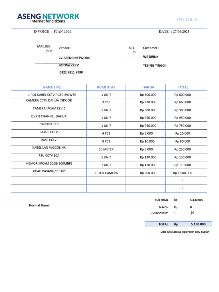 CCTV Equipment Invoice FJAN-1001 | PDF