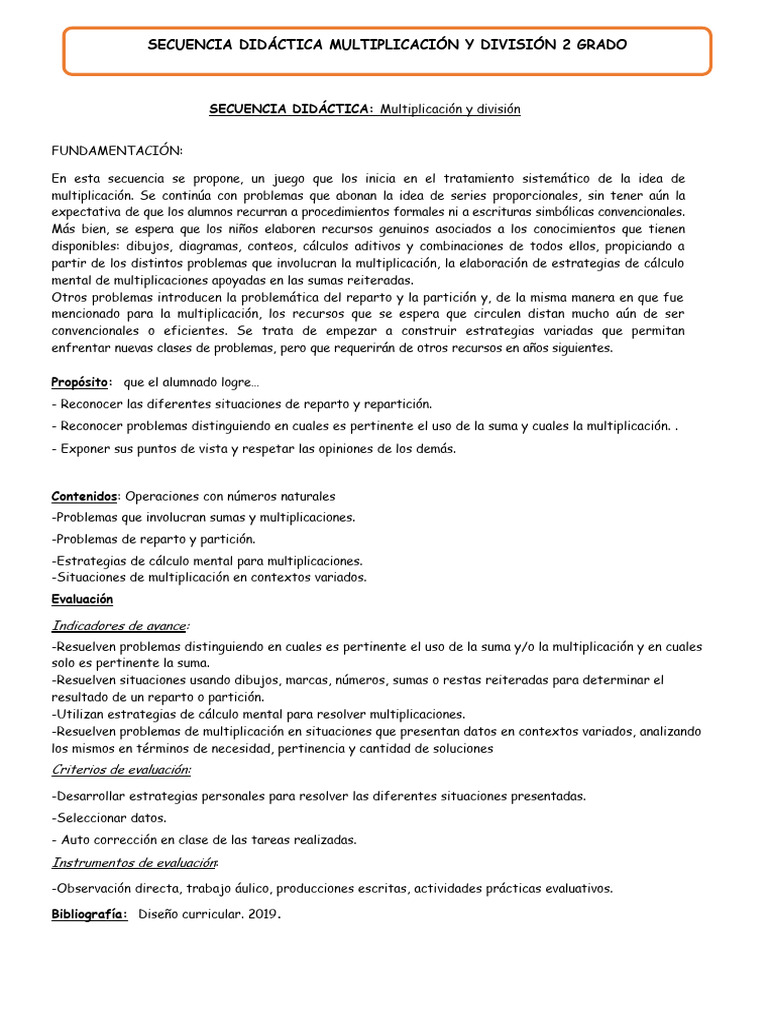 SECUENCIA DIDÁct. Multiplica y Division 2 GRADO | PDF | Evaluación | Multiplicación