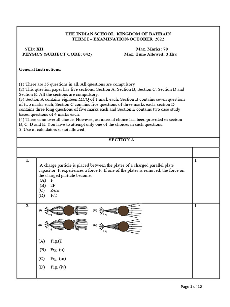 XII Physics Term I Exam Paper 2022 | PDF | Electron | Magnetic Field