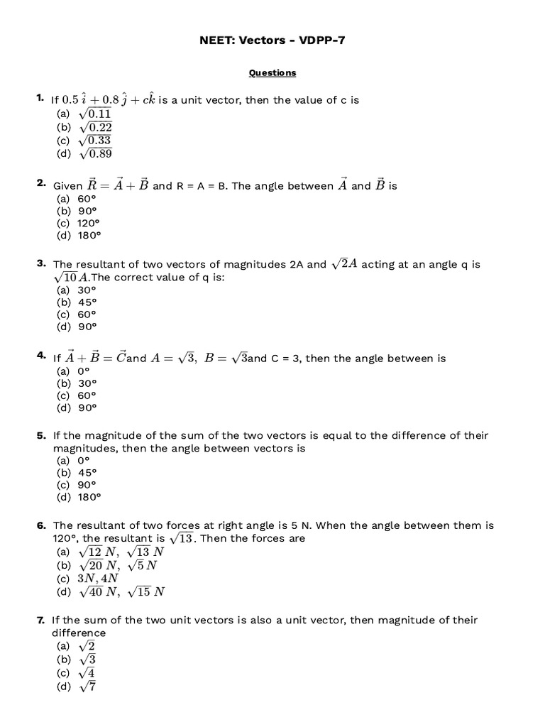 NEET - Vectors - VDPP-7 | PDF | Angle | Euclidean Vector