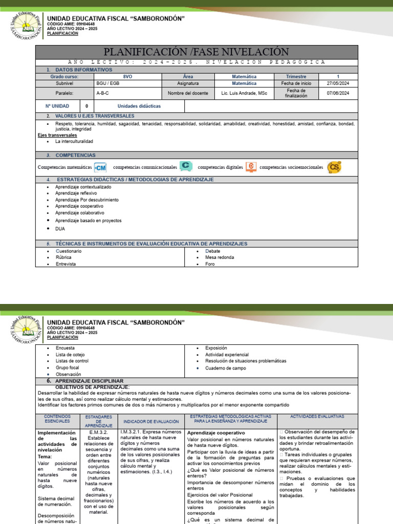 Planificacion 2 Semanas 8vo - Vespertino | PDF | Decimal | Evaluación