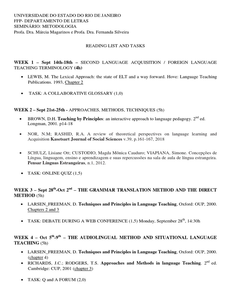 Methodolgy ReadingList and Tasks | PDF | Language Education | Learning