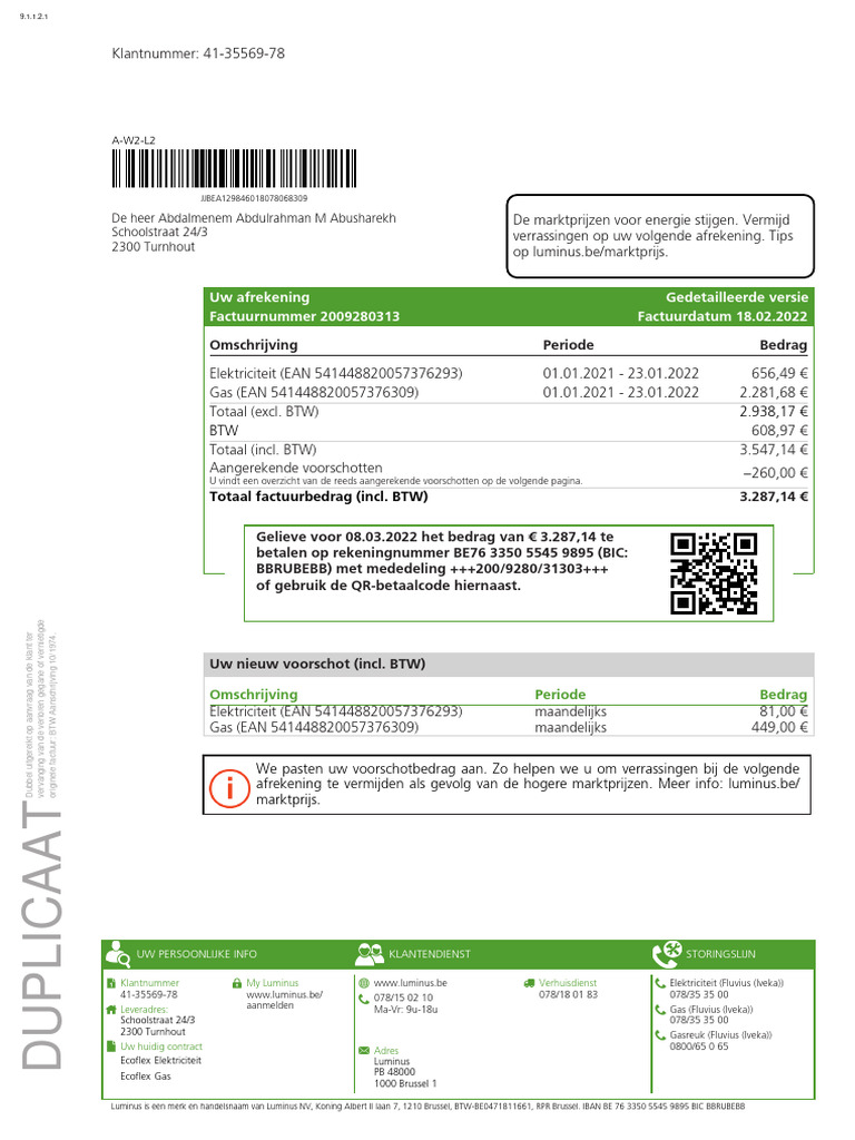 Uw Afrekening Gedetailleerde Versie Factuurnummer 2009280313 ...