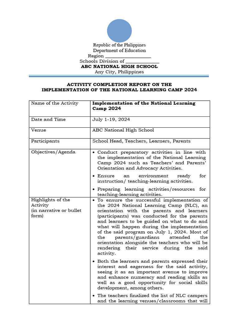 Activity Completion Report On NLC Implementation | PDF | Teachers ...