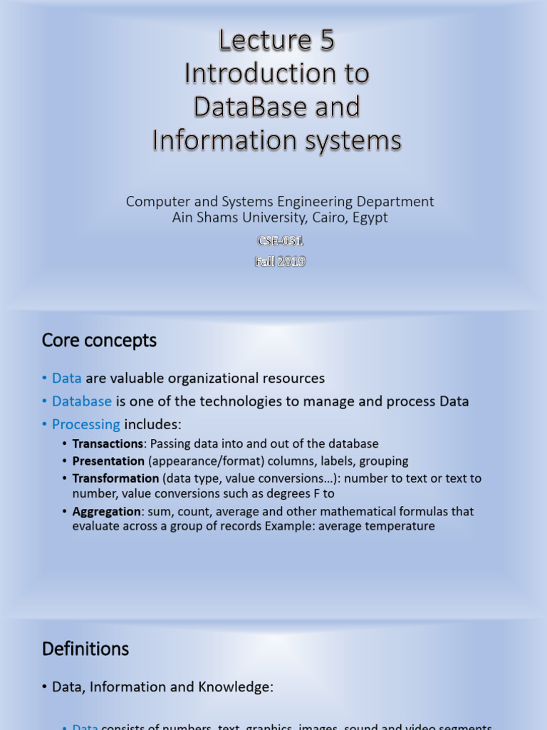 CSE031.Lecture - 05.introduction To Database - Fall 2019 | PDF | Databases | Relational Model