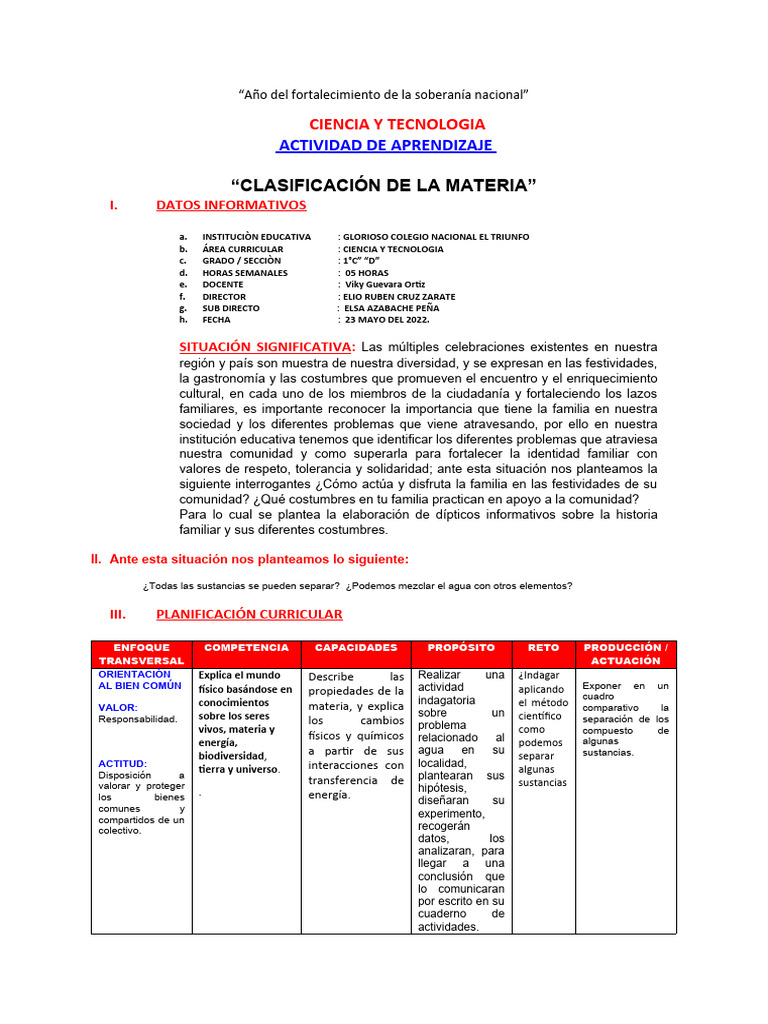 Actividad de Aprendizaje Clasificación de La Materia | PDF ...