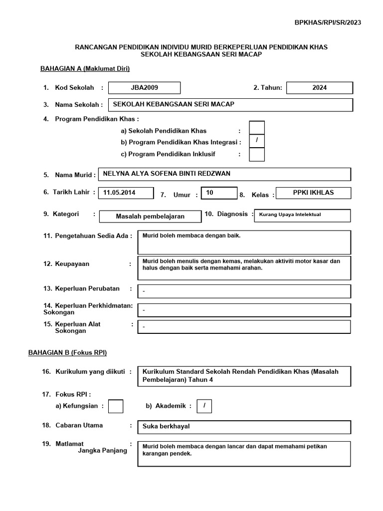 Rancangan Pendidikan Individu Sesi 1 2024 | PDF