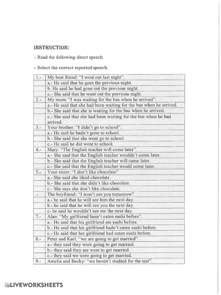 Reported Speech Multiple Choice | PDF