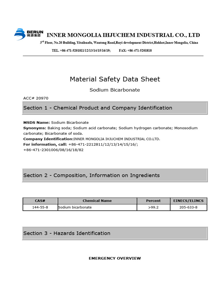 Sodium Bicarbonate MSDS Overview | PDF | Sodium Bicarbonate | Personal ...