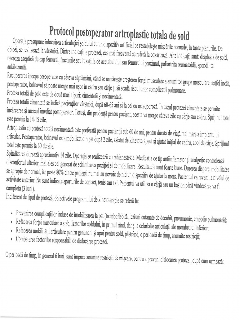 Protocol Postoperator Artroplastie Totala de Sold | PDF