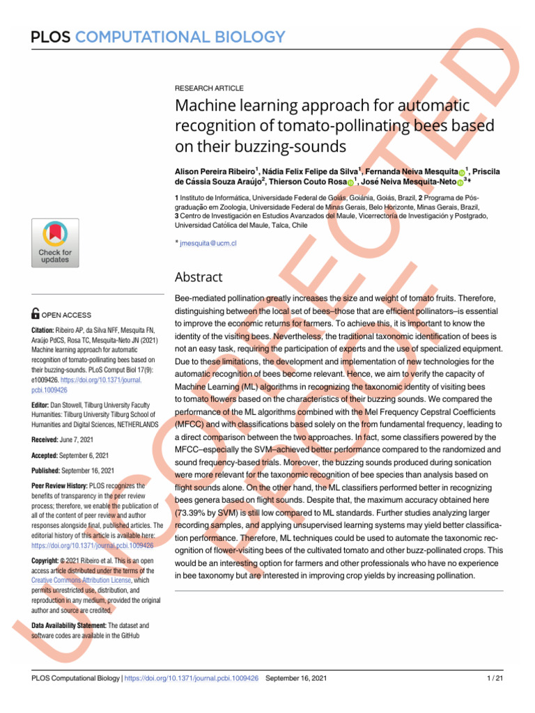 Machine Learning Approach For Automatic Recognition of Tomato-Pollinating Bees Based On Their ...