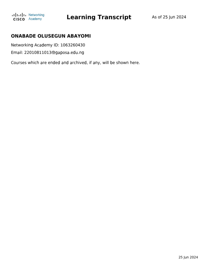 Networking Academy Learning Transcript | PDF