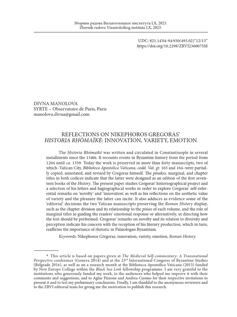 Divna Manolova, REFLECTIONS ON NIKEPHOROS GREGORAS | PDF | Philosophy