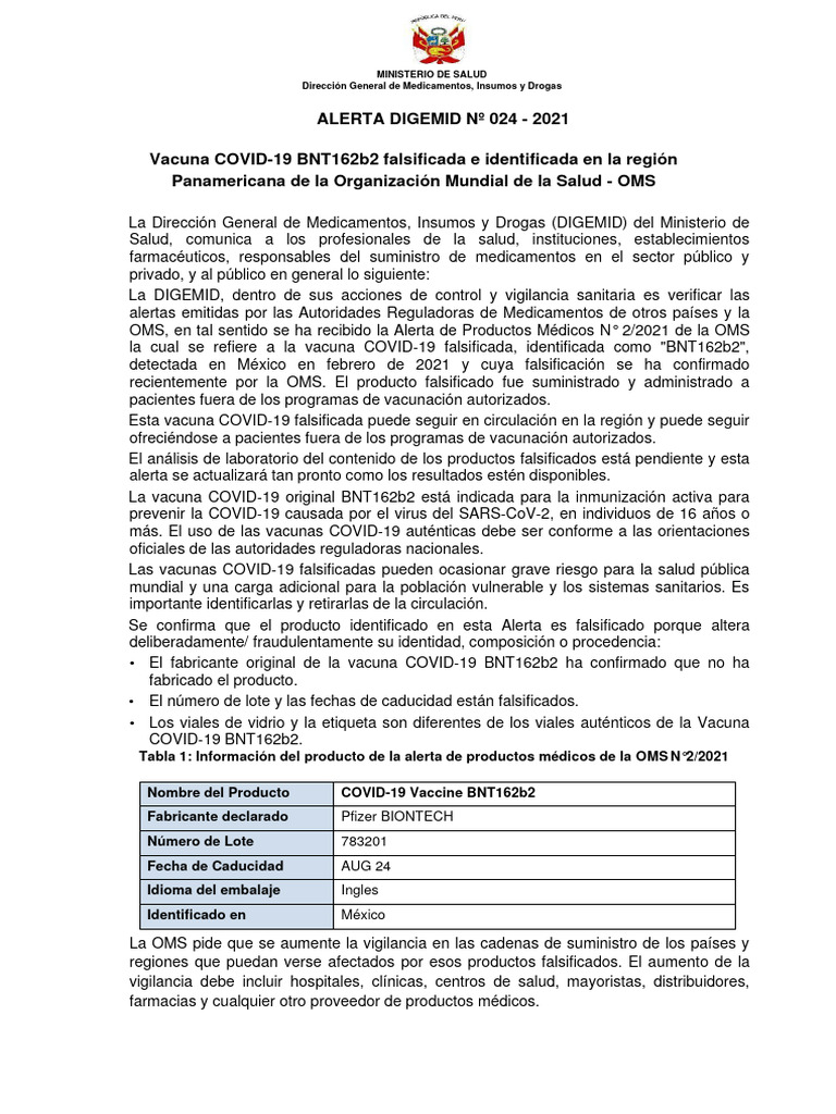 Alerta Digemid N 24 - 2021 | PDF | Vacunas | Medicamentos con receta