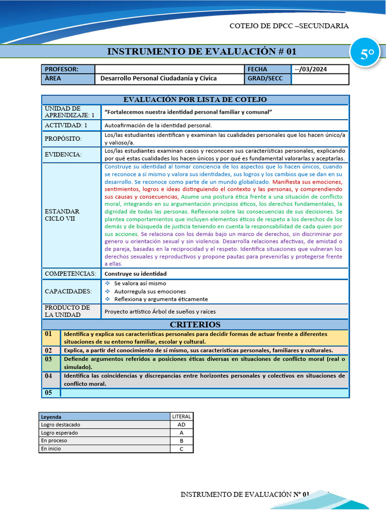 5º DPCC - LC Act.1 Uni 1 Sem 01 - 2024 | PDF | Evaluación | Moralidad