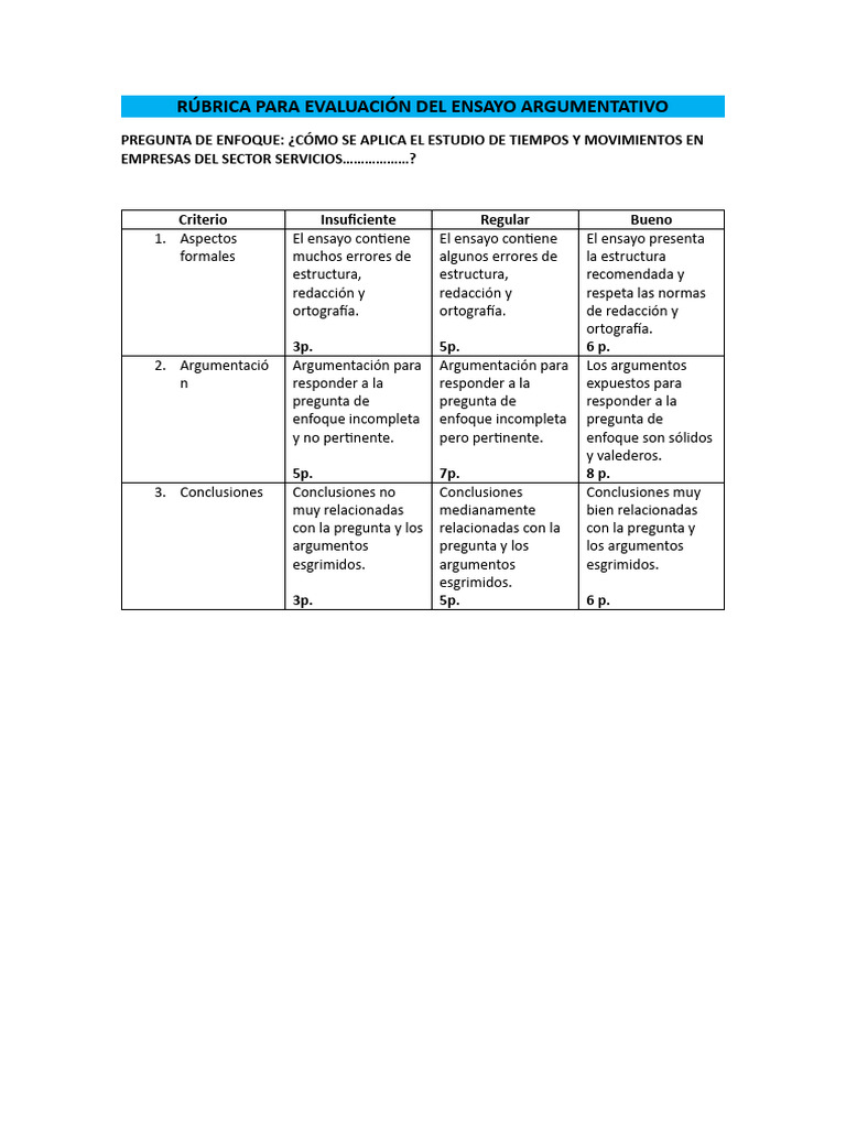 Rúbrica para Evaluación Del Ensayo Argumentativo | PDF