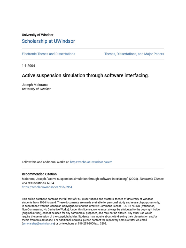 Active Suspension Simulation Through Software Interfacing. | PDF | Thesis | Creative Commons License