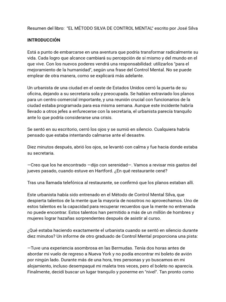 Resumen Del Libro - El Método Silva de Control Mental - Escrito Por José Silva | PDF | Mente ...