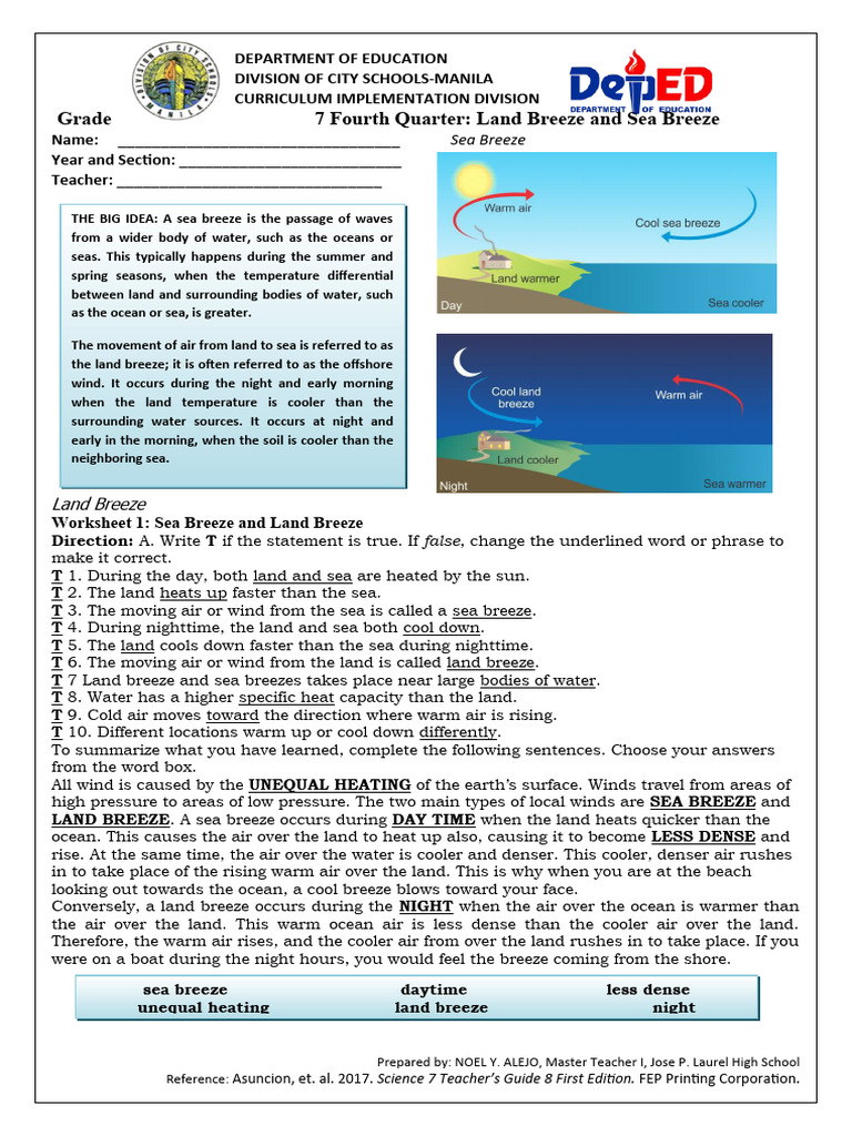Land and Sea Breeze Worksheet | PDF | Atmosphere | Nature