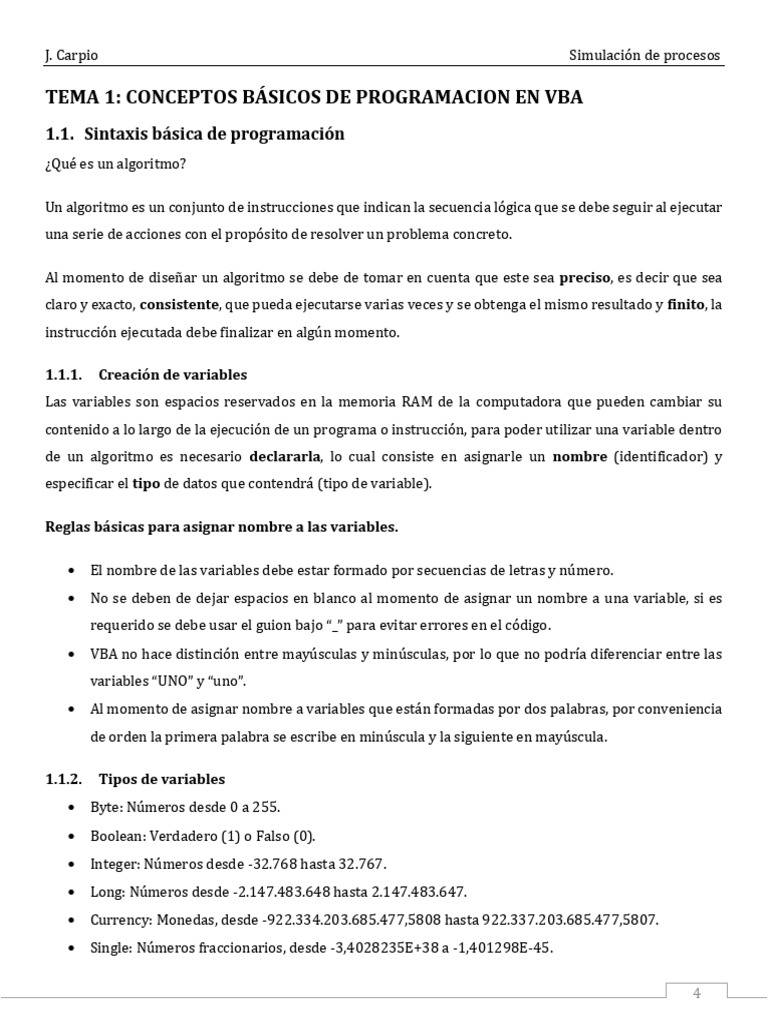 Programación VBA: Guía Básica | PDF | Microsoft Excel | Algoritmos