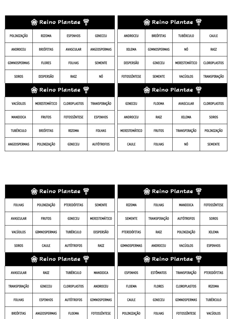 Bingo Reino Plantae - Cartelas, Perguntas e Números | PDF | Plantas | Folha