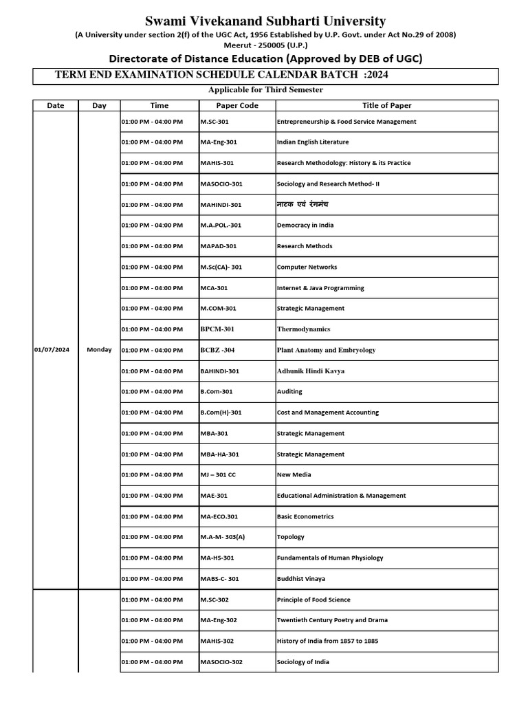 Main Examination Third Semester Date Sheet of Calendar Batch-2024-1-5-1 ...