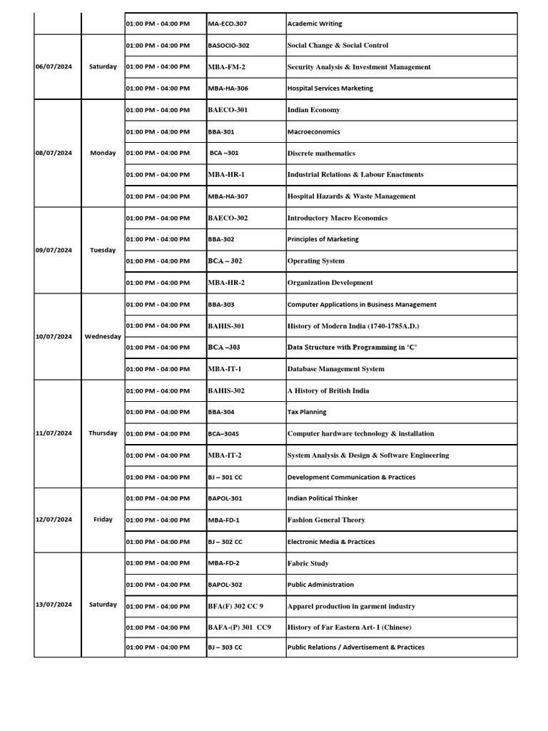 Main Examination Third Semester Date Sheet of Calendar Batch-2024-1-5-4 ...