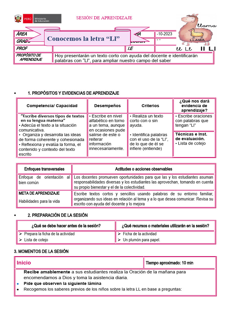 Sesiòn Conocemos La Letra "LL" | PDF | Aprendizaje | Evaluación