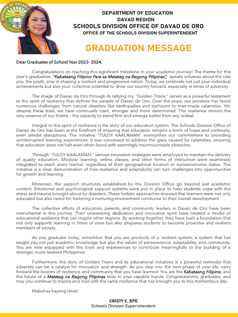 Official Graduation Message SDS | PDF | Psychological Resilience | Learning Official Graduation Message SDS | PDF | Psychological Resilience | Learning