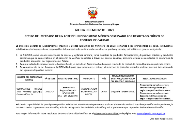 Alerta Digemid N 08 - 2021 | PDF | Dispositivo médico | Farmacéutico