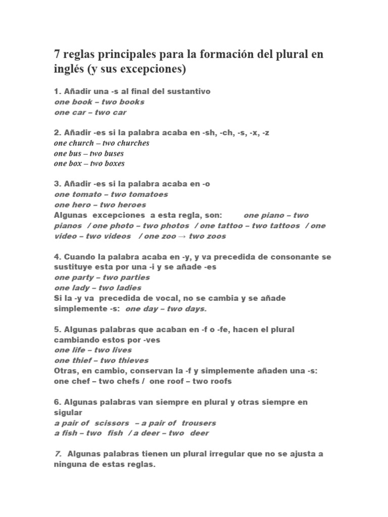 7 Reglas Principales para La Formación Del Plural en Inglés | PDF