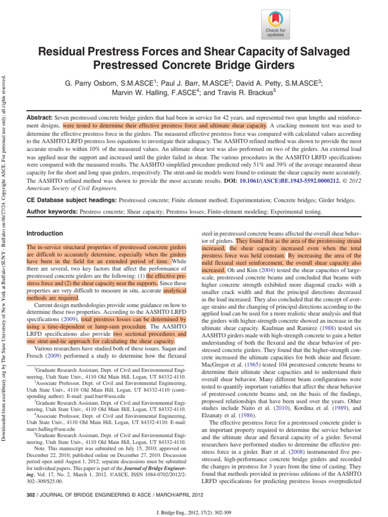 2012 - Residual Prestress Forces and Shear Capacity of Salvaged Prestressed Concrete Bridge ...
