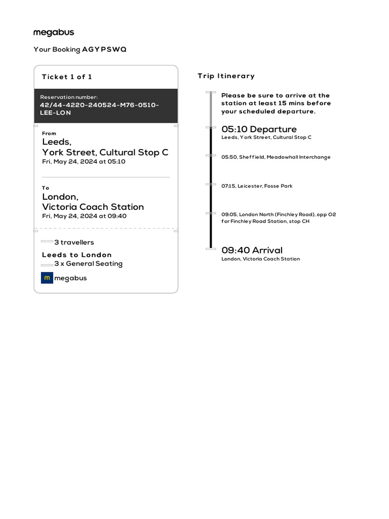 Leeds to London Megabus Itinerary | PDF