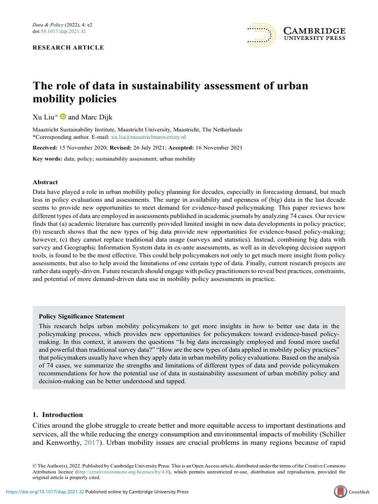 The Role of Data in Sustainability Assessment of Urban Mobility Policies | PDF | Policy ...