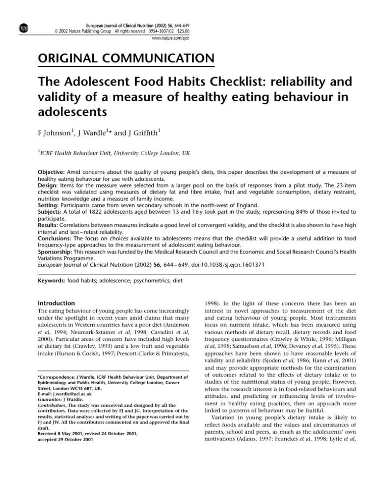 Original Communication The Adolescent Food Habits Checklist ...