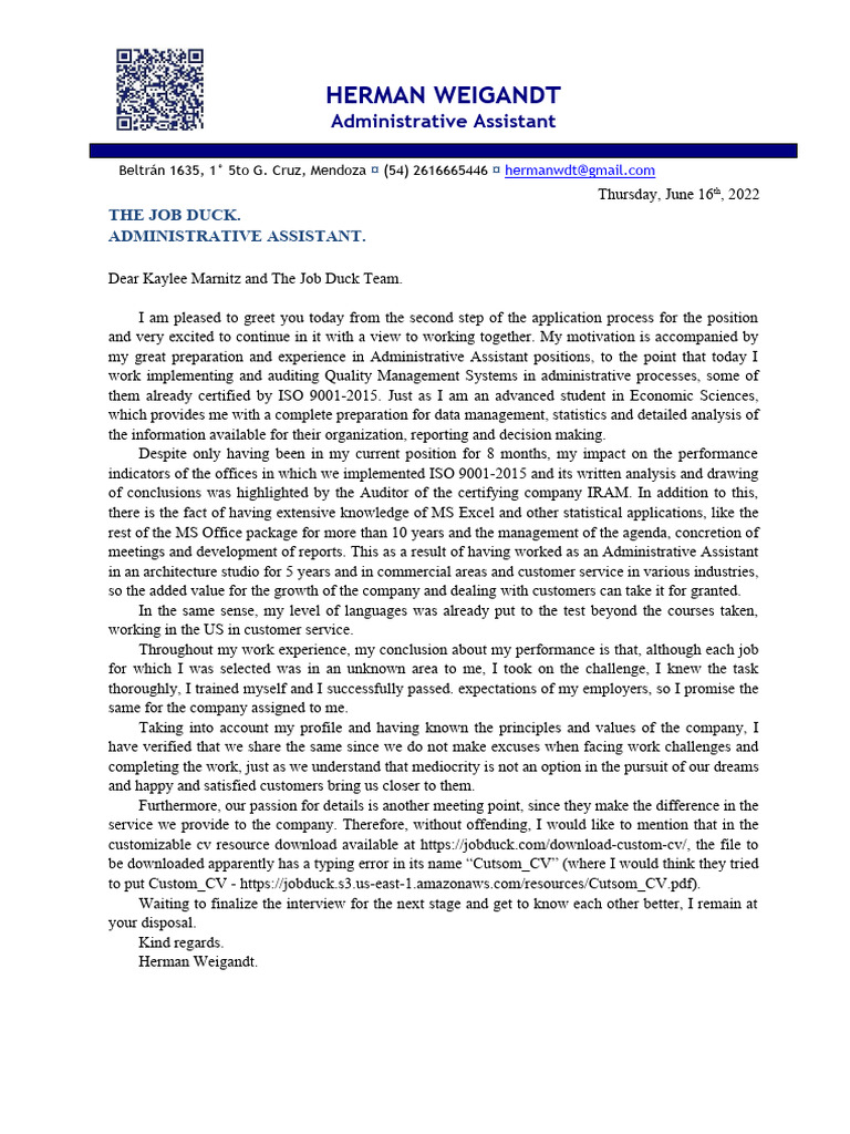 Cover Letter Herman Weigandt | PDF | Iso 9000 | Business
