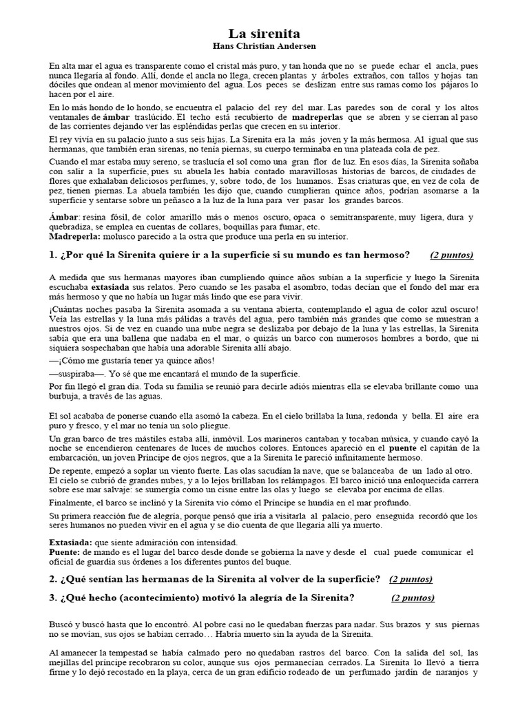 Texto y Actividades LA SIRENITA SEXTO 2024 | PDF | Arte | Clásicos
