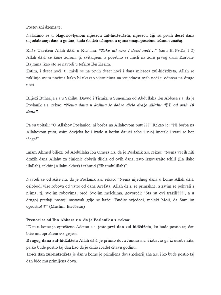 Hutba-Deset Dana Zul Hidždže | PDF