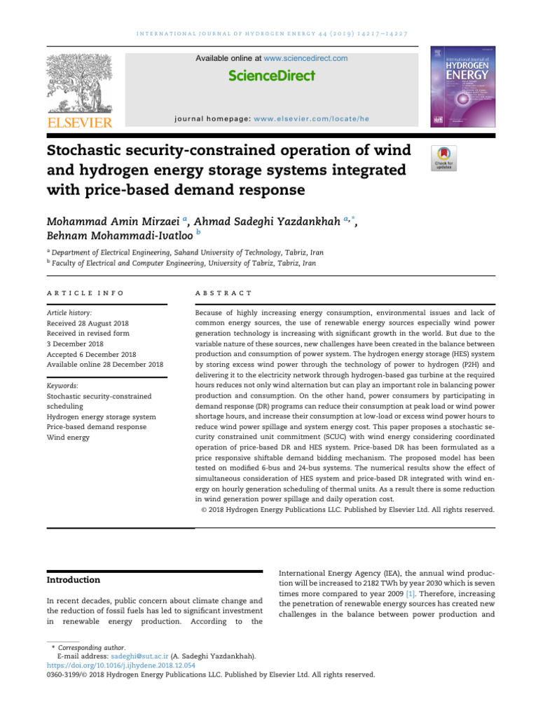 Stochastic Security-Constrained Operation of Wind and Hydrogen Energy Storage Systems Integrated ...