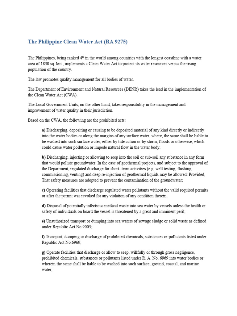 The Philippine Clean Water Act | PDF | Clean Water Act | Water Pollution