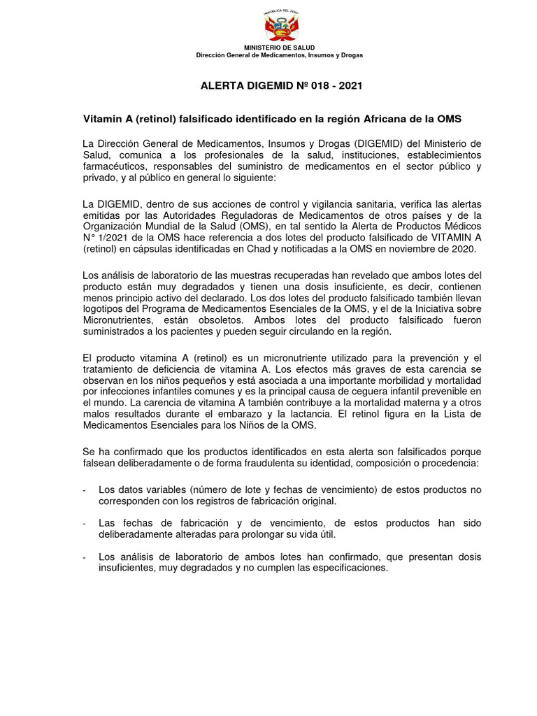 Alerta Digemid N 18 - 2021 | PDF | Medicamentos con receta | Farmacia