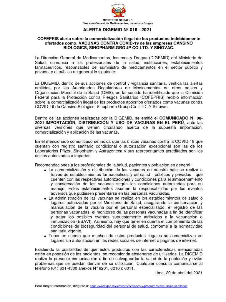Alerta Digemid N 19 - 2021 | PDF | Vacunación | Salud pública