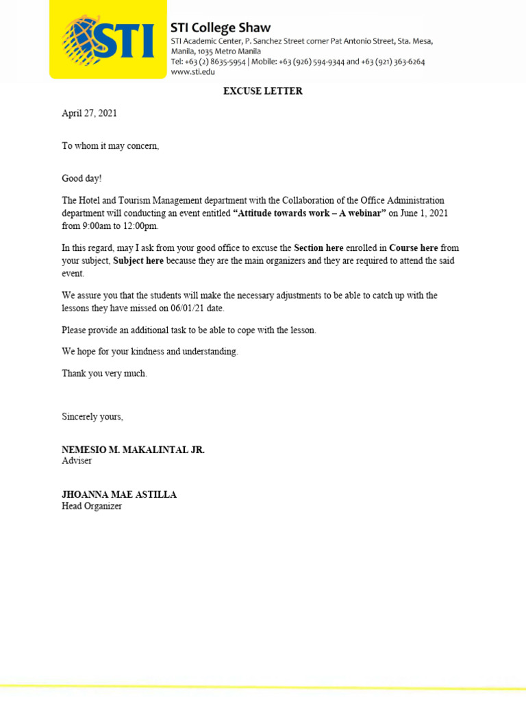 Excuse Letter Whole Class | PDF