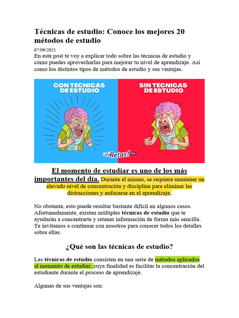 Técnicas de Estudio2 | PDF | Habilidades de estudio | Aprendizaje