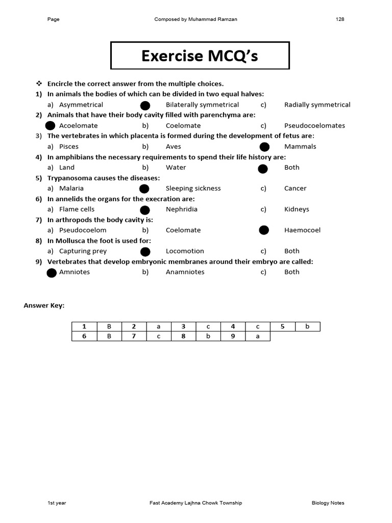 1st Year Biology Chapter 10 MCQs | PDF | Sponge | Mammals